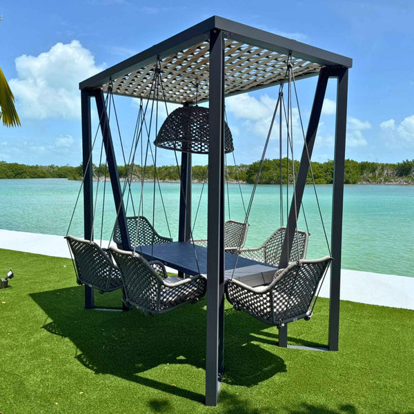 Horizon 8FT Pergola with Lamp, Moma Hanging Chairs & Aluminum Table ...