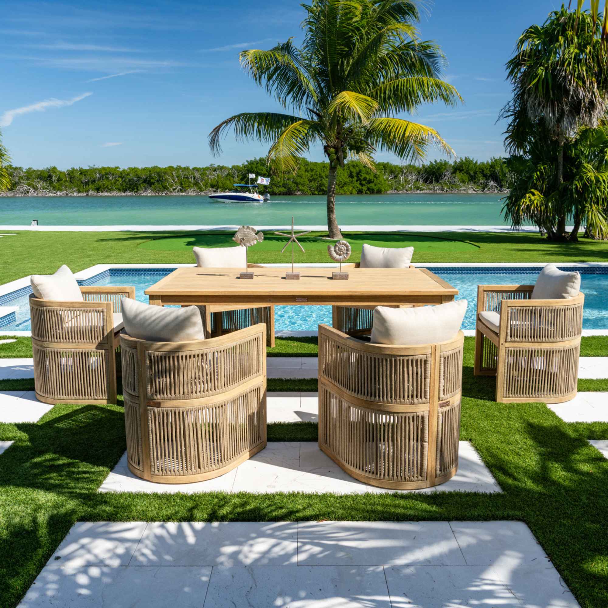 Panama Jack Cabo 7-Piece Barrel Rectangular Dining Set – Pelican Reef